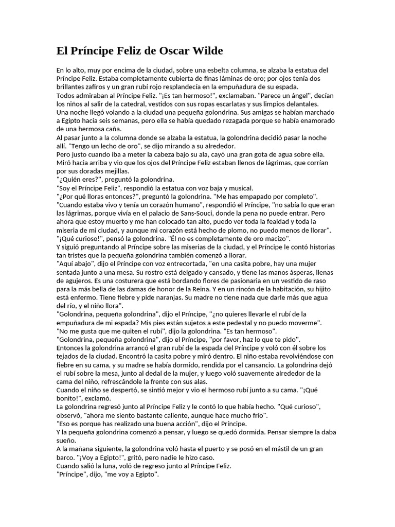 El Príncipe Feliz de Oscar Wilde | PDF