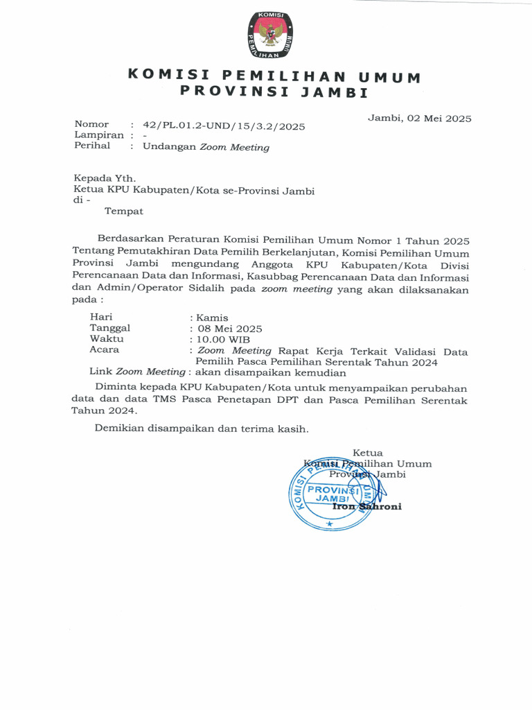 42 - Undangan Zoom Meeting KPU Kab - Kota Se-Provinsi Jambi | PDF