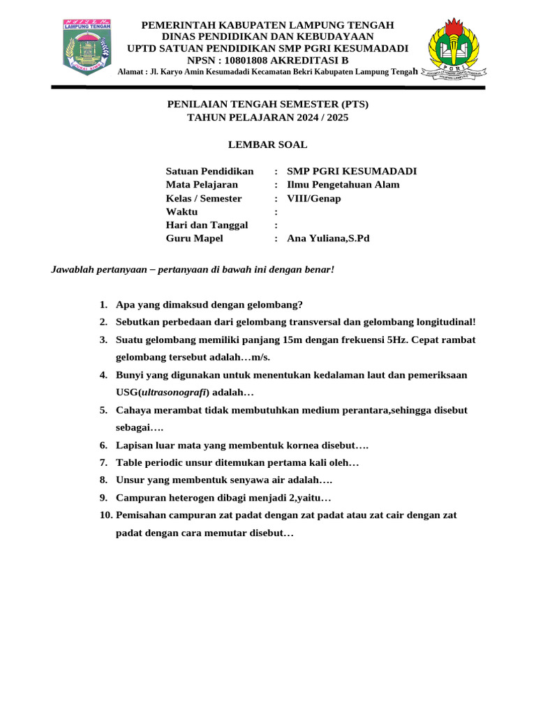 Soal Ipa Kelas 8 Dan MTK KLS 9 Ana | PDF