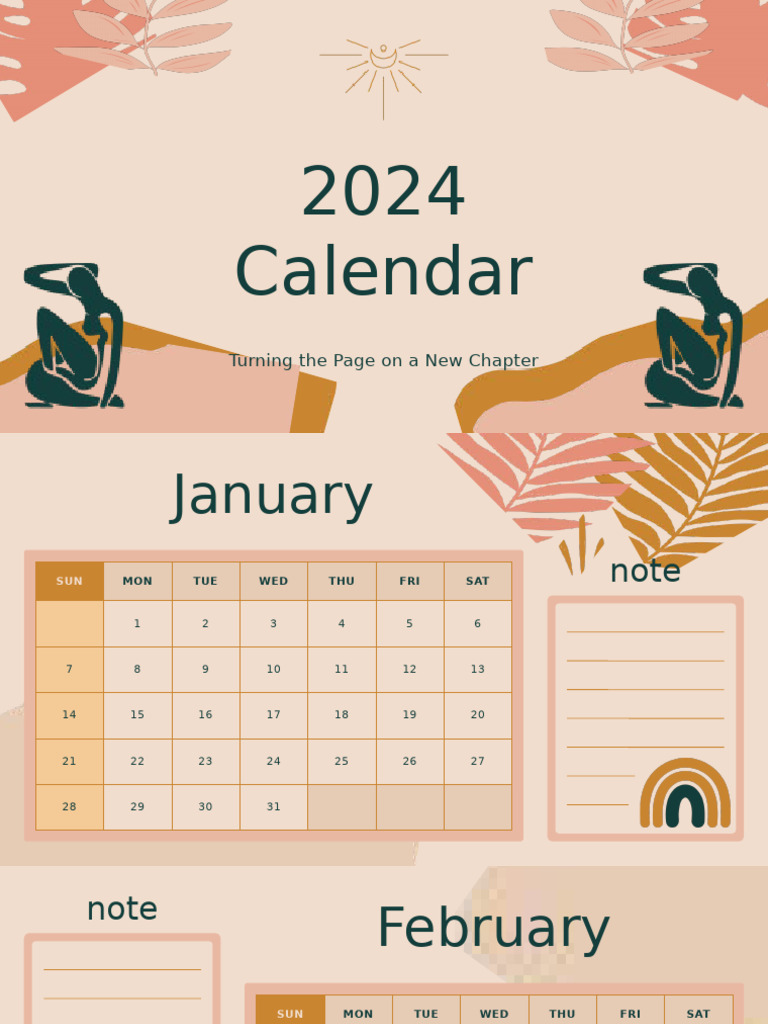 Pink Boho Playful Illustrative Monthly Calendar 2024 Presentation | PDF