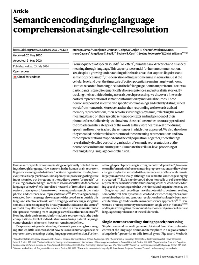 Semantic Encoding During Language Comprehension at Single-Cell Resolution 2024 | PDF | Semantics ...