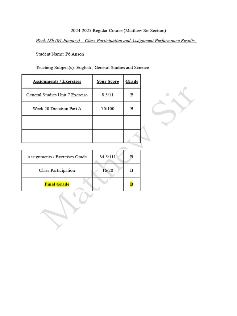 Week 18b - P6 Anson Performance Results | PDF