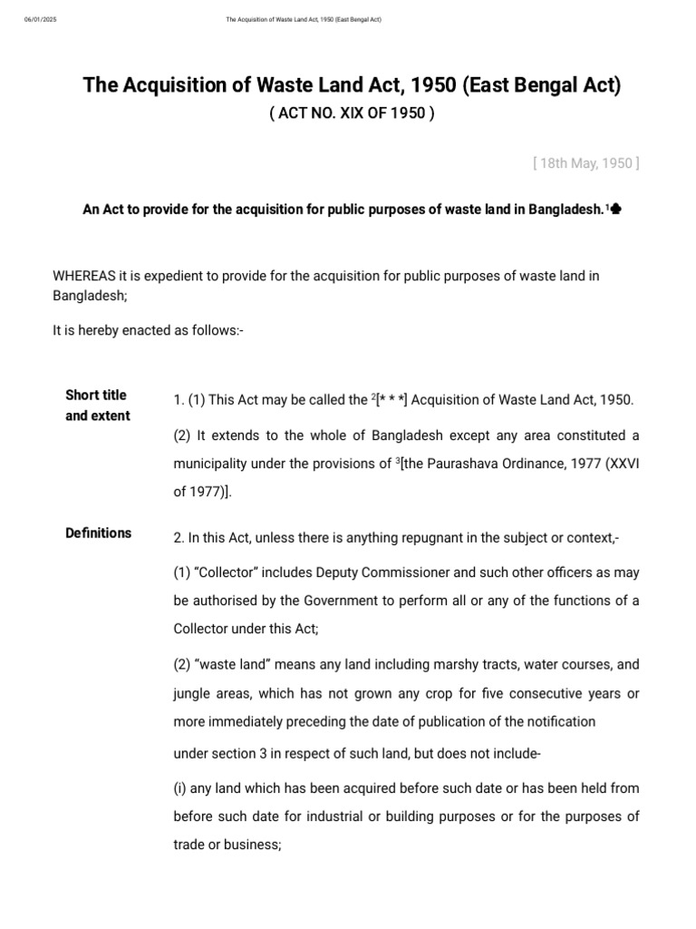 The Acquisition of Waste Land Act, 1950 (East Bengal Act) | PDF ...