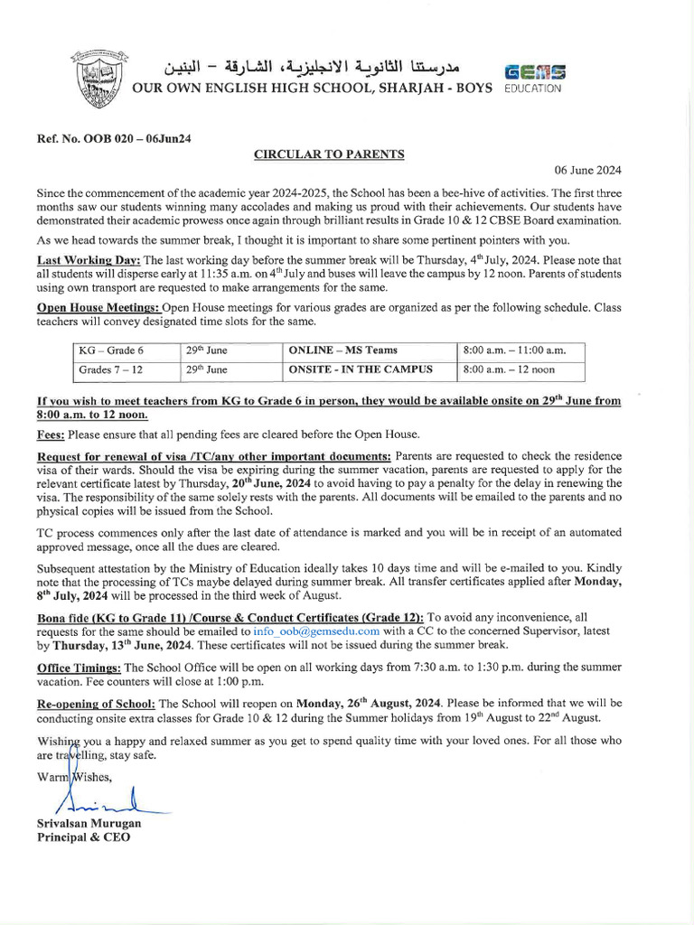 OOB 020 - 06jun24 - Circular To Parents (Term End Circular) | PDF