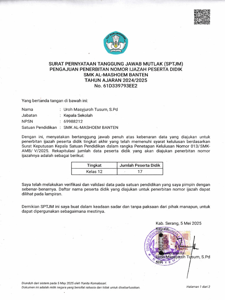 contoh sptjm yang benar smk kelas 12 | PDF