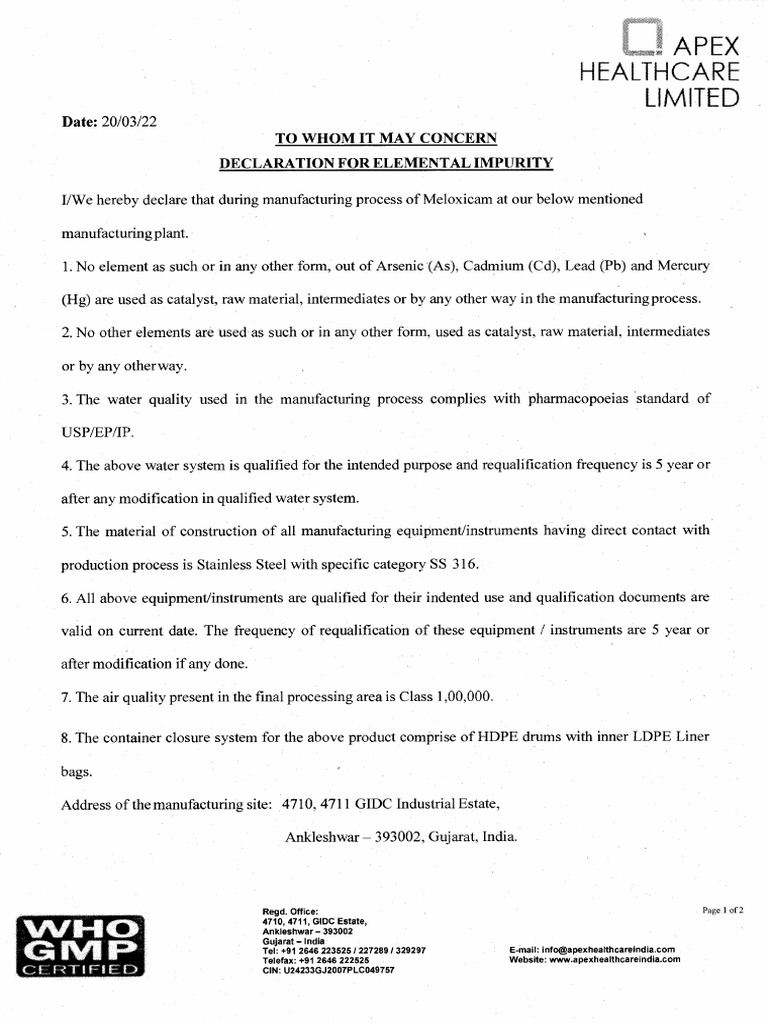 Elemental Impurity Declaration | PDF