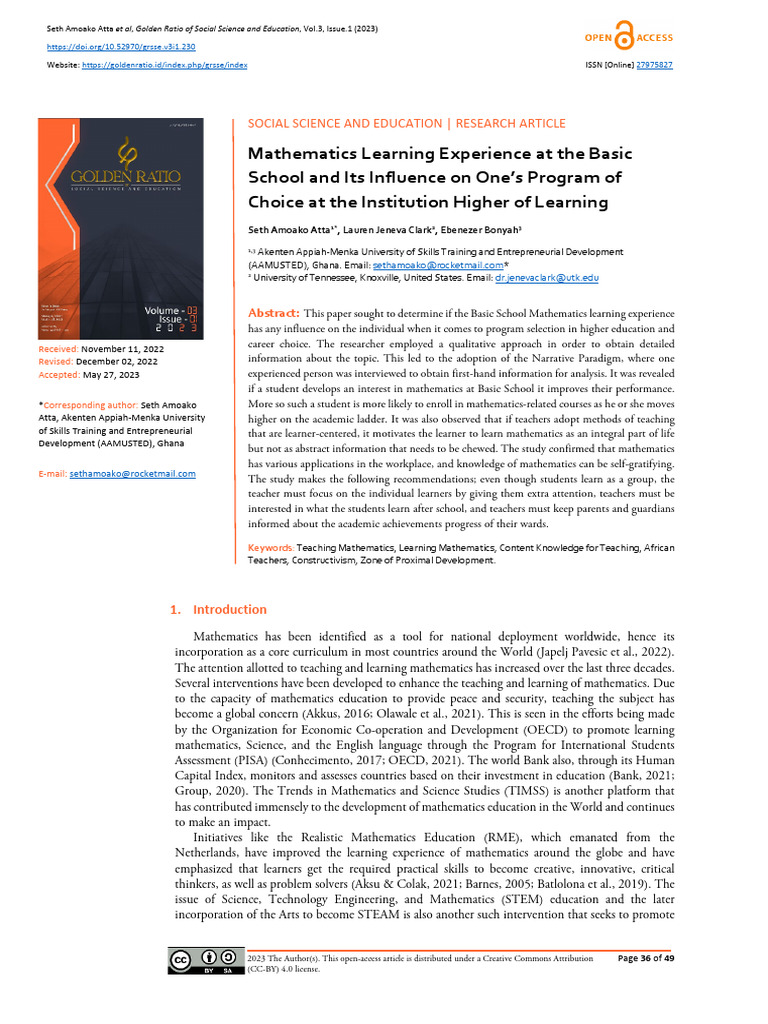 Mathematics Learning Experience at The Basic Schoo | PDF ...