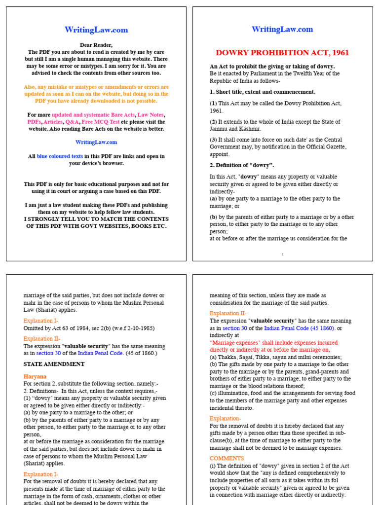 Dowry Prohibition Act 1961 | PDF | Marriage | Criminal Procedure In South Africa