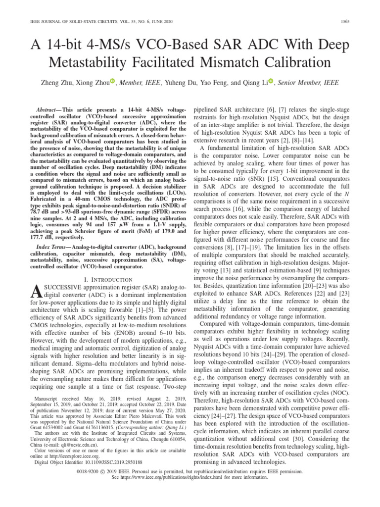 A 14-Bit 4-MS s VCO-Based SAR ADC With Deep Metastability Facilitated Mismatch Calibration | PDF ...