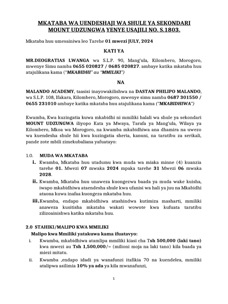 Mkataba Draft Ya Mwishoo | PDF