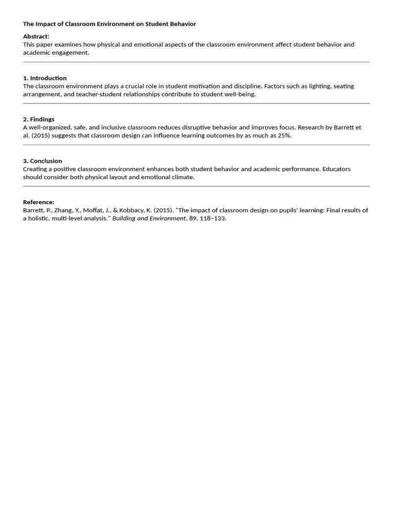 The Impact of Classroom Environment On Student Behavior | PDF