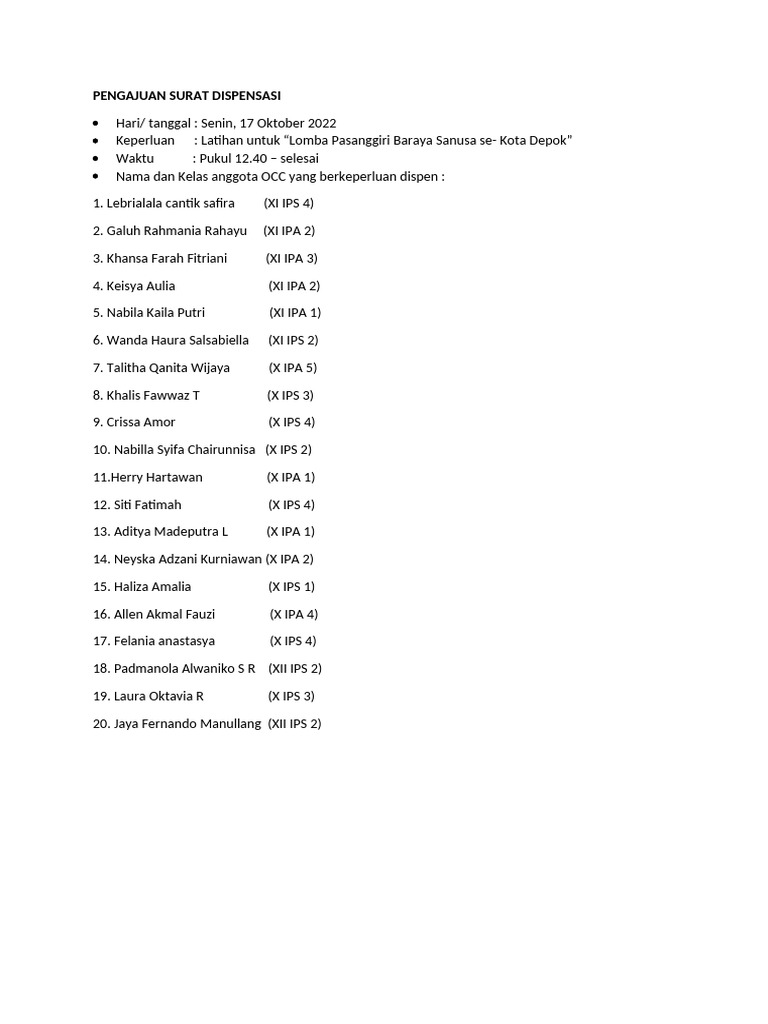 Surat Dispensasi OCC | PDF