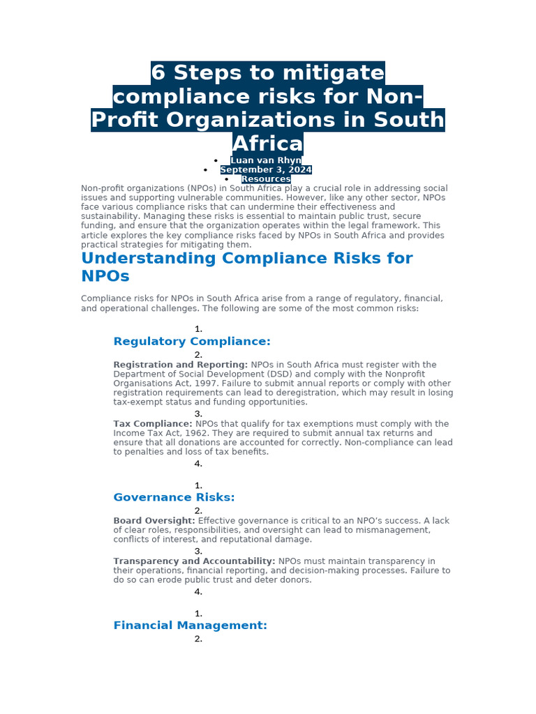 6 Steps To Mitigate Compliance Risks For Non | PDF | Nonprofit ...