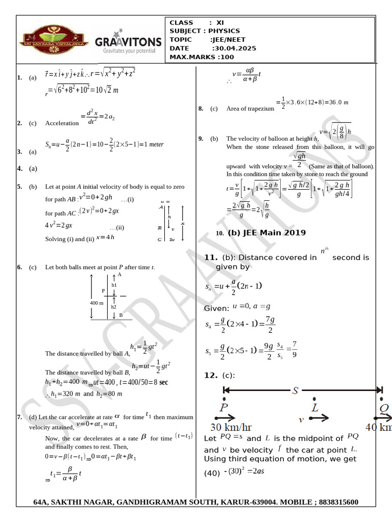 SSV-2027-Physics-Motion in a Straight Line-30.04.2025-Answers | PDF ...