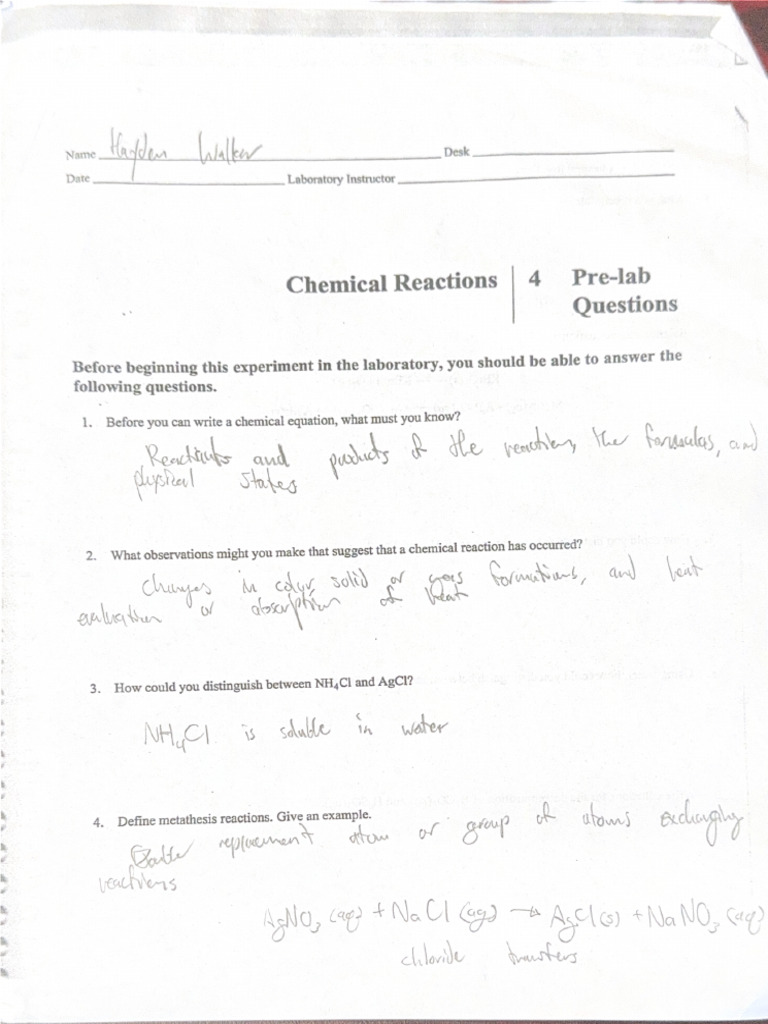 Pre-Lab 4 - Chemical Reactions | PDF