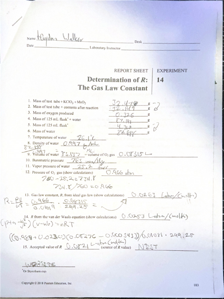 Experiment 14 - Determination of R: The Gas Law Constant | PDF