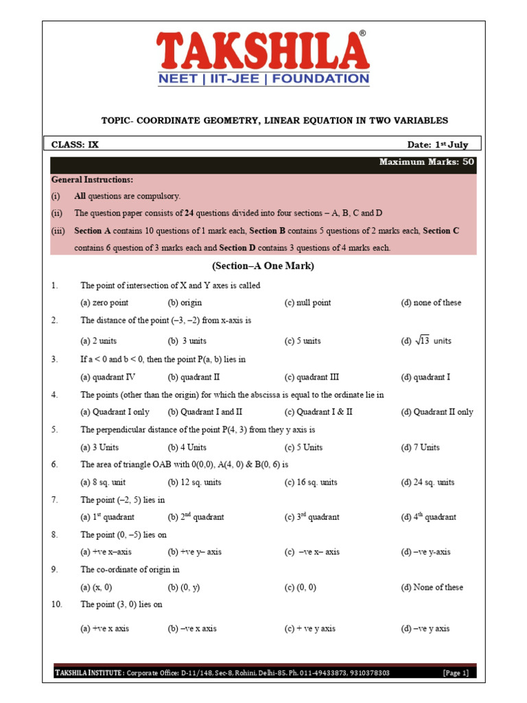 IX CLASS Maths - 01st - July - Coordinate Geometry, Linear Equation in ...