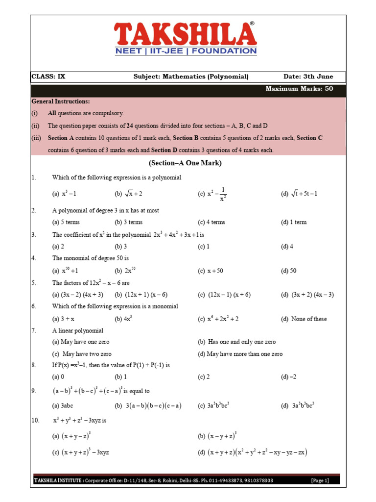IX CLASS Maths - 3 - June - Polynomial | PDF | Polynomial | Applied Mathematics