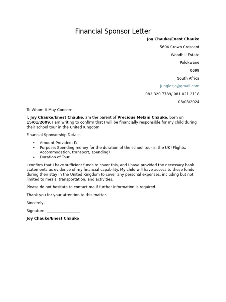 Financial Sponsor Letter | PDF