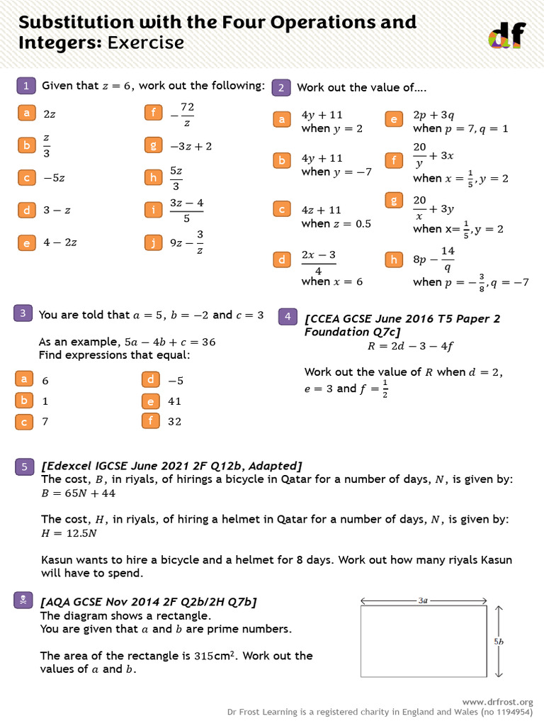 Substitution Exercises for GCSE Maths | PDF | Vocational Education ...