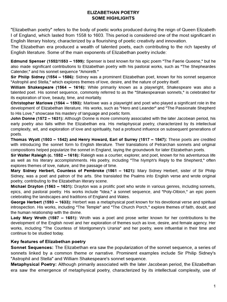 CHARACTERISTICS OF ELIZABETHAN POETRY | PDF | Poetry | Sonnets