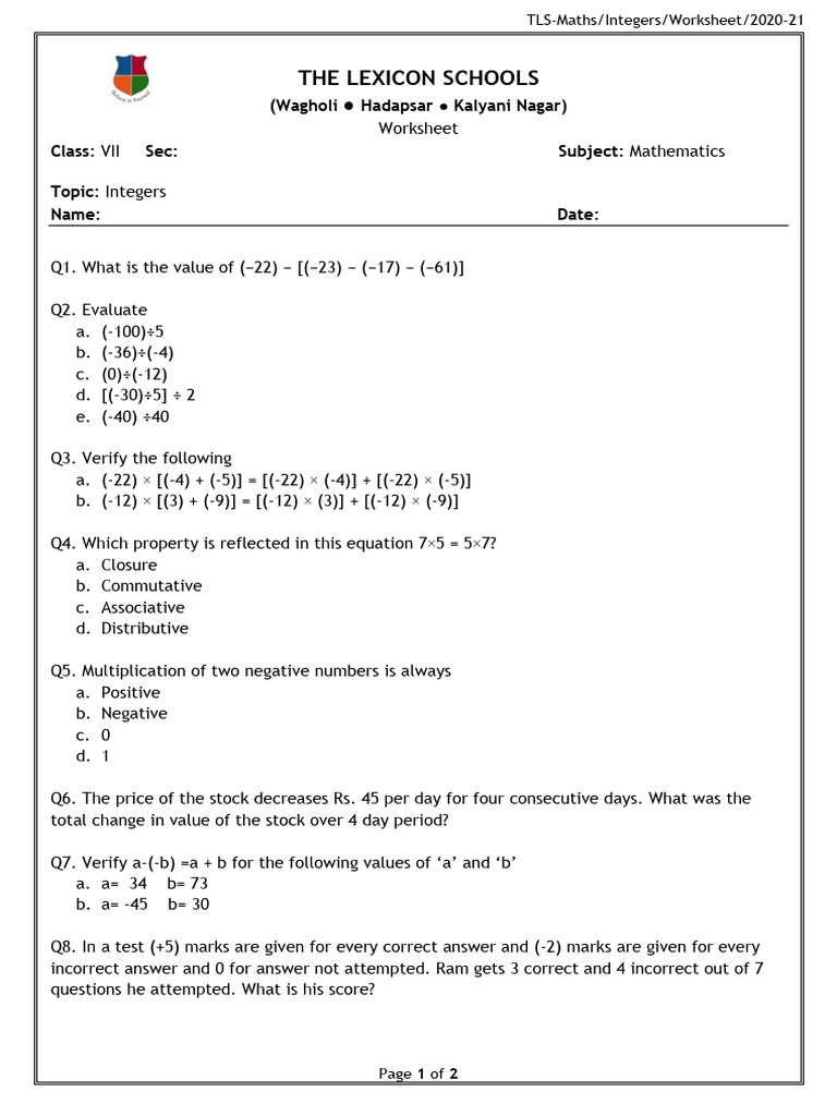 Class 7 Integer Worksheet and Puzzle | PDF | Elementary Mathematics ...