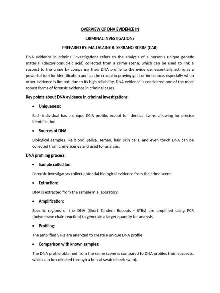 DNA Evidence in Criminal Investigations | PDF | Dna Profiling ...