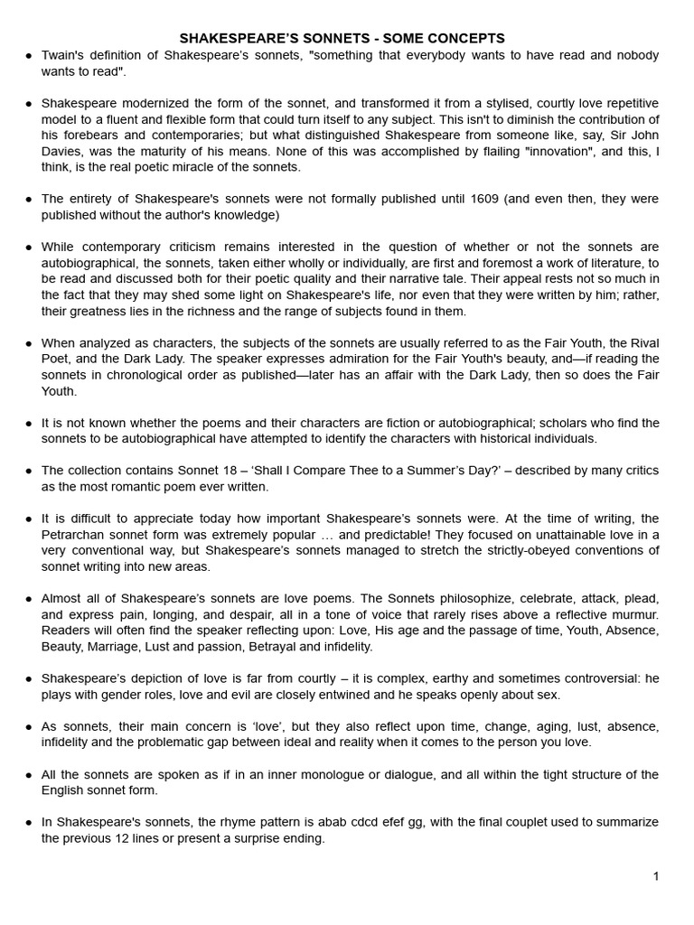 Shakespeare's Sonnets - Some Concepts | PDF | Shakespeare's Sonnets ...