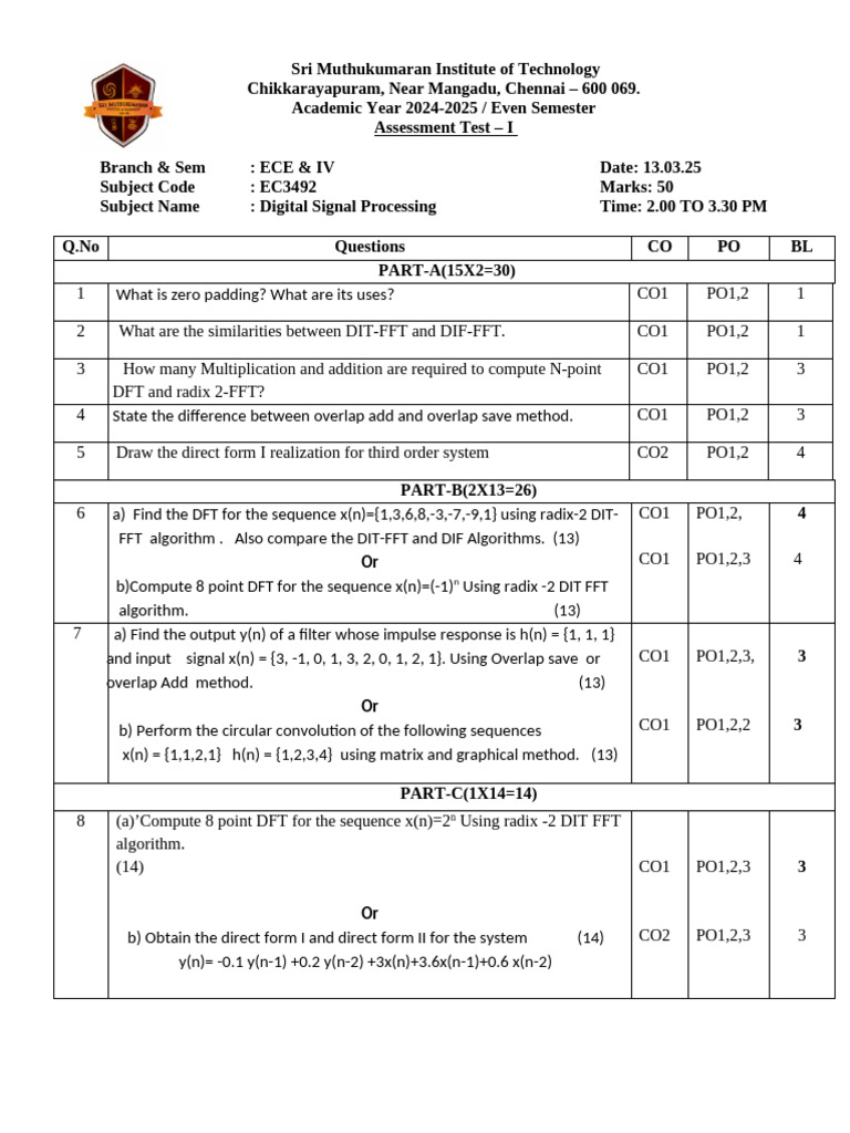 EC3492-DSP-AT-I QP Set-2 | PDF | Discrete Fourier Transform | Fast ...