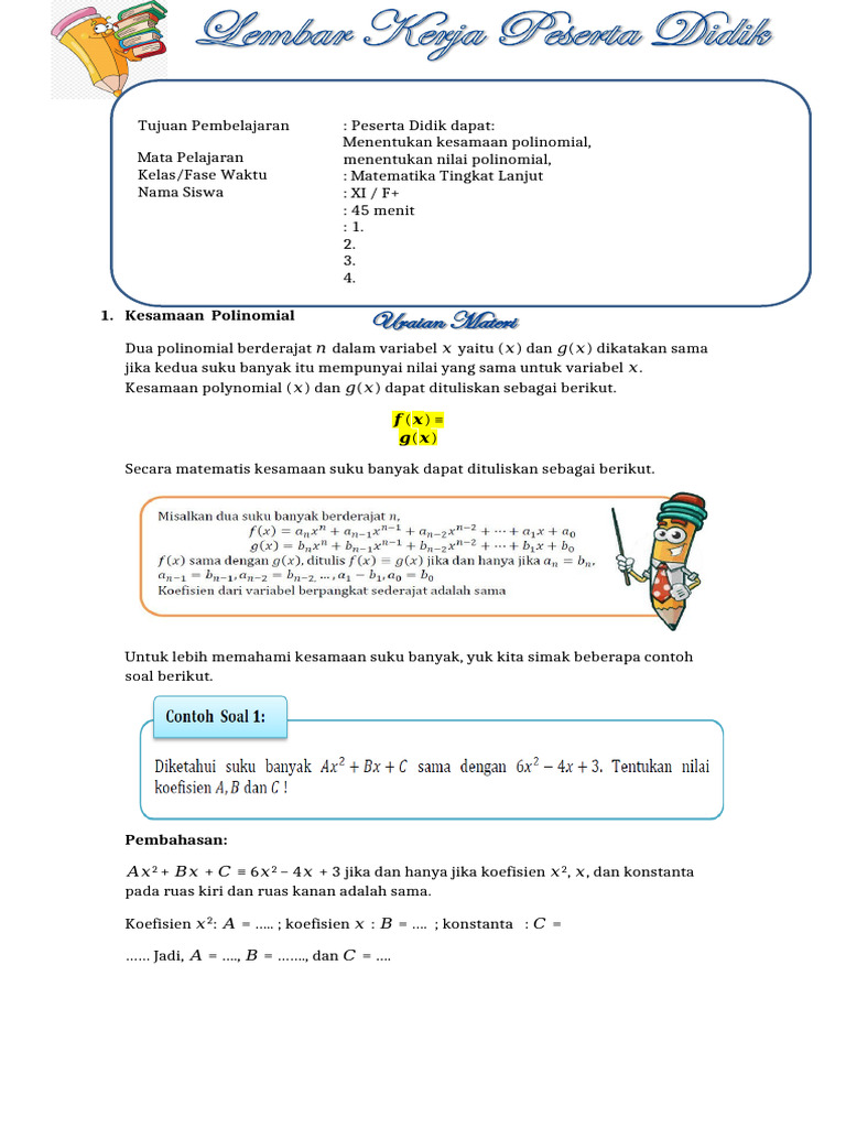 LKPD Suku Banyak (Kesamaan Dan Nilai Polinomial) | PDF
