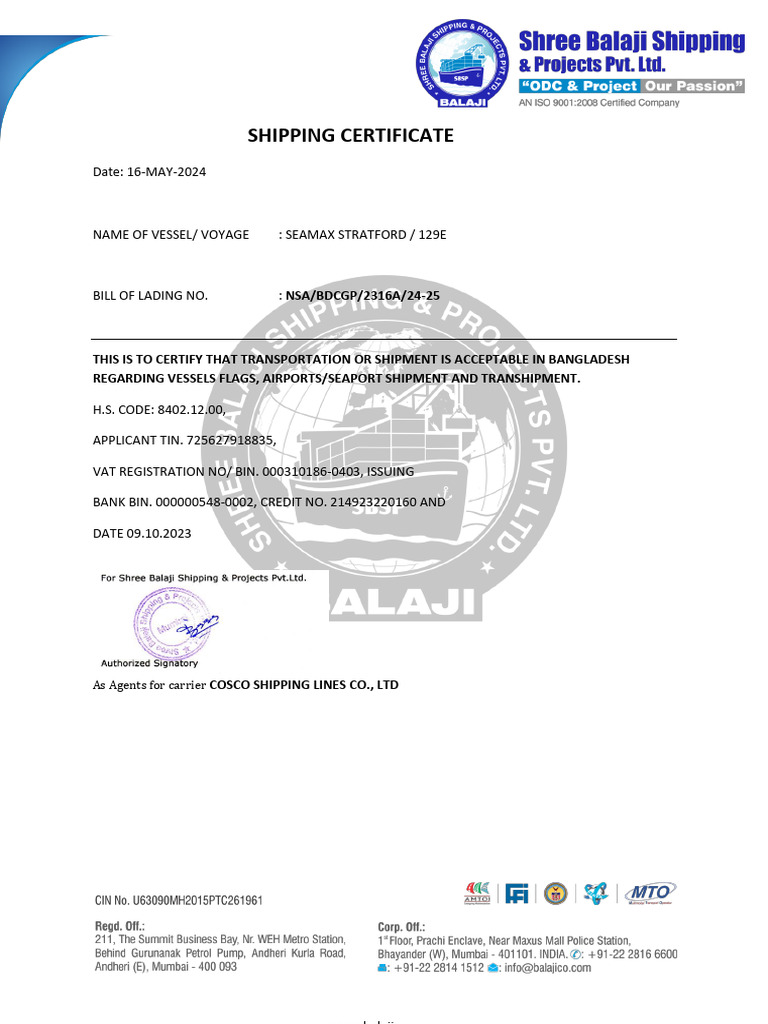 Shipping Certificate - Enmax | PDF