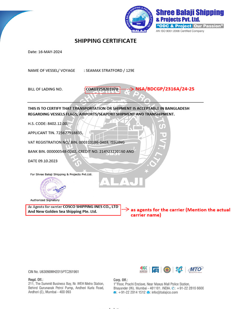 Shipping Certificate - Enmax | PDF
