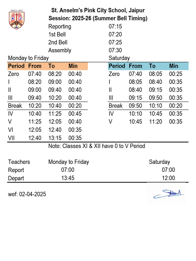Summer Bell Timing - 2025-26 - 02apr2025 | PDF