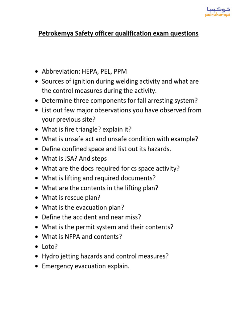 Petrokemya Safety Officer Exam Questions | PDF