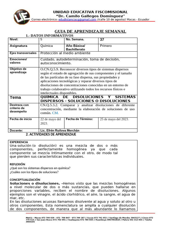 Guia Semana 37 1ero Bgu Quimica Efren Pdf Mezcla Química