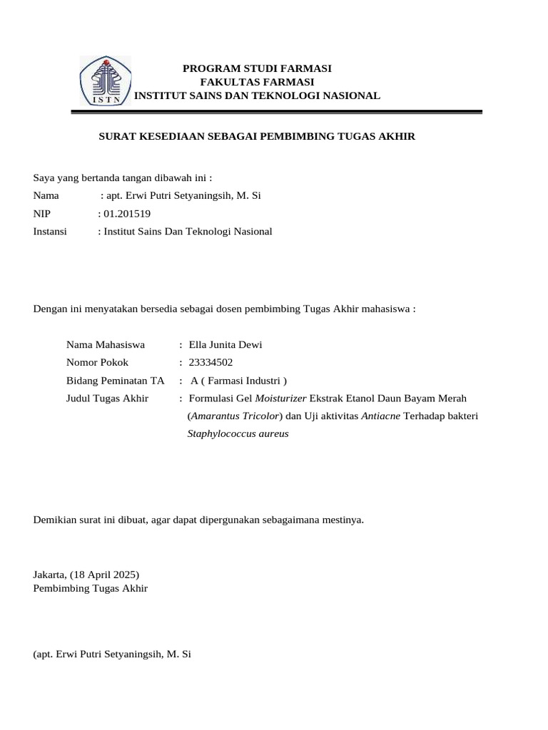 Surat kesediaan apt. Erwi Putri Setyaningsih, M. Si (2) | PDF