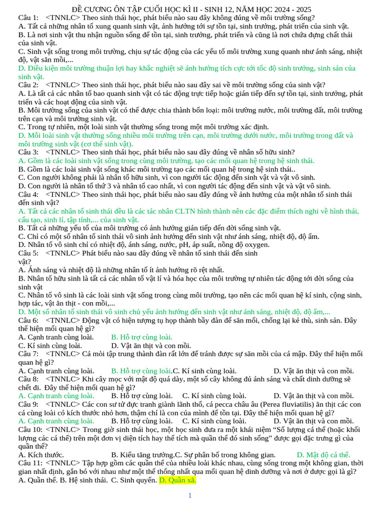 ĐỀ CƯƠNG HKII SINH 12 | PDF