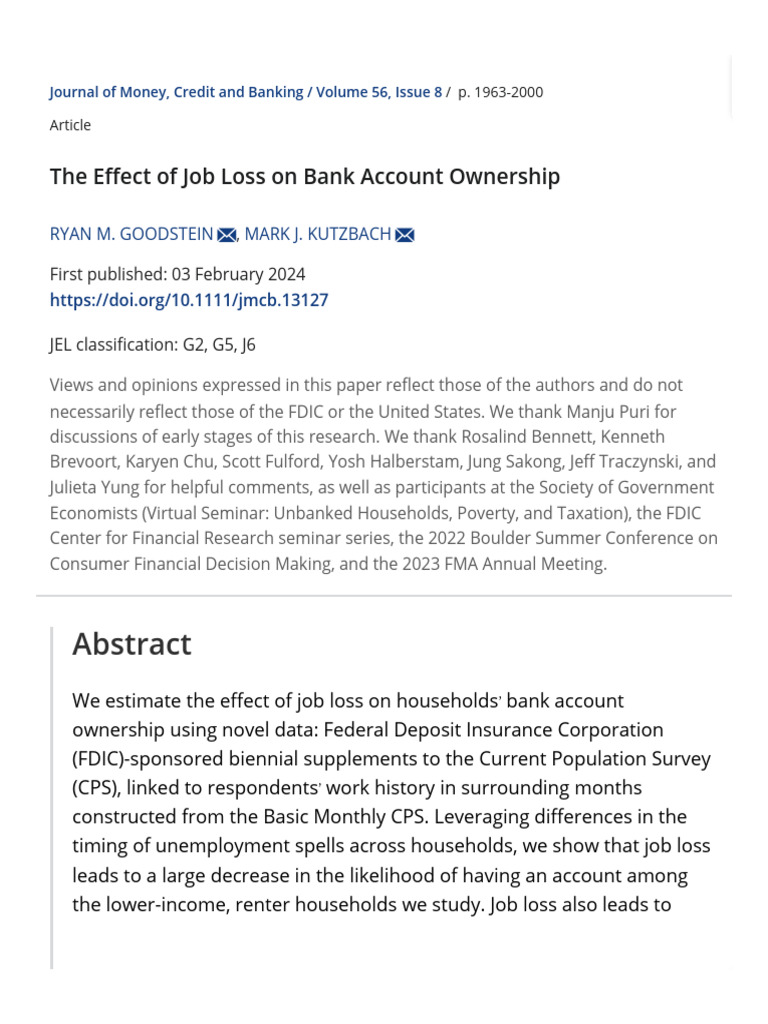 The Effect of Job Loss On Bank Account Ownership - GOODSTEIN - 2024 ...
