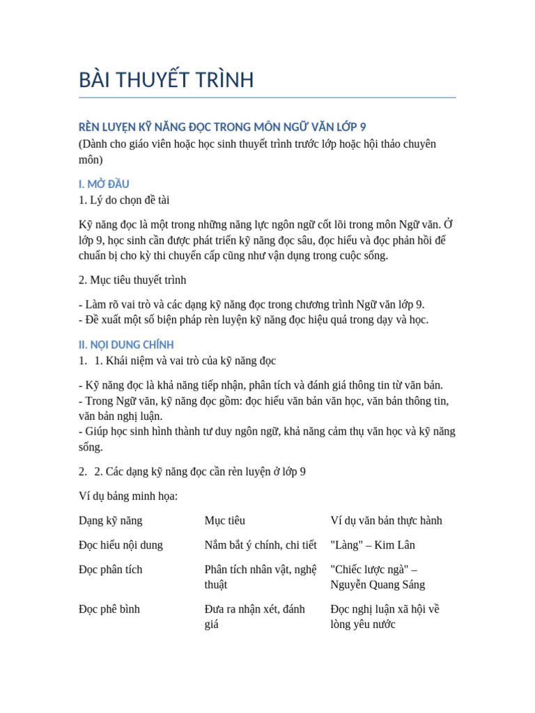 Thuyet Trinh Ky Nang Doc Ngu Van 9 | PDF
