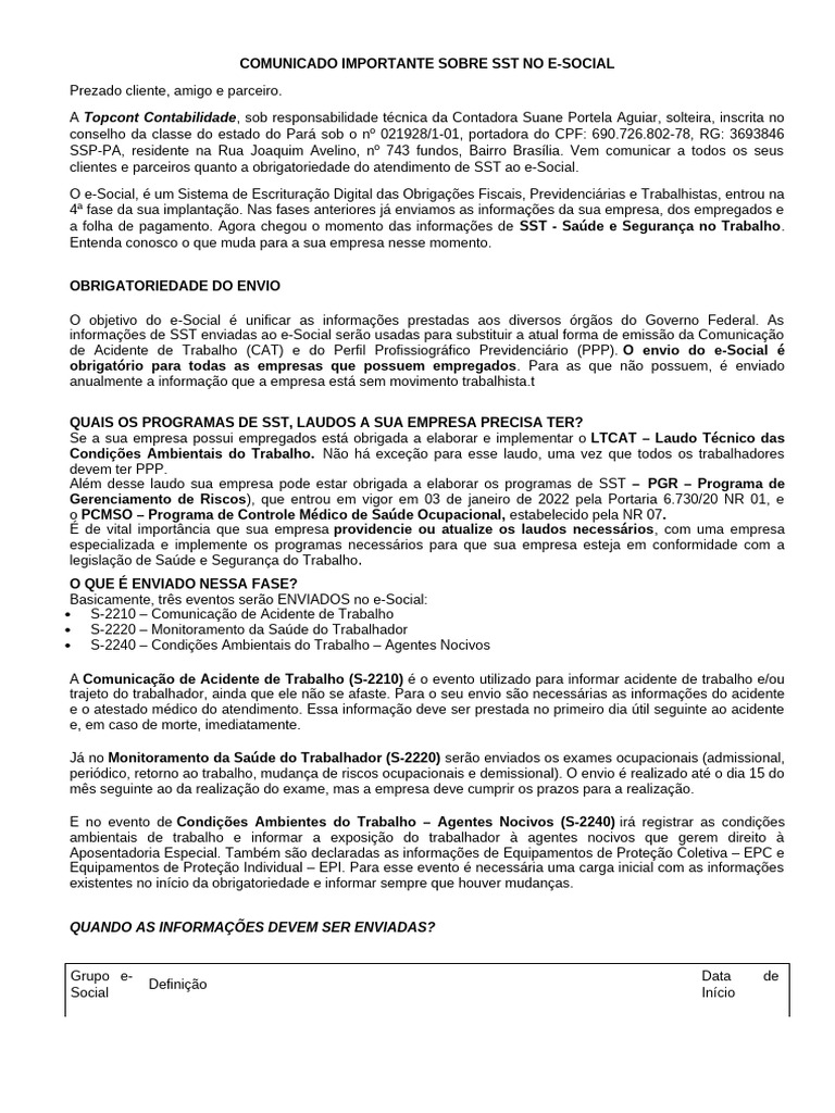 COMUNICADO SOBRE SST NO E | PDF | Contabilidade