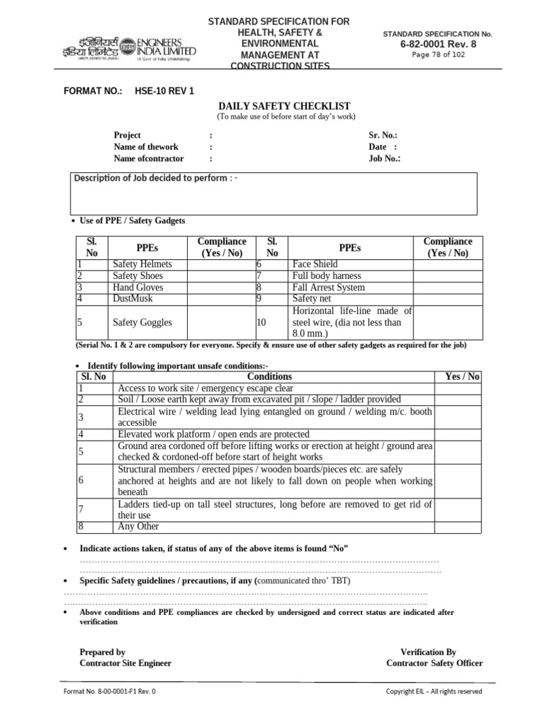 Daily Safety Checklist | PDF | Personal Protective Equipment ...