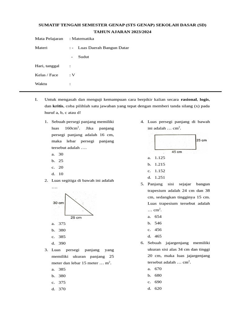 SUMATIF TENGAH SEMESTER - MTK | PDF