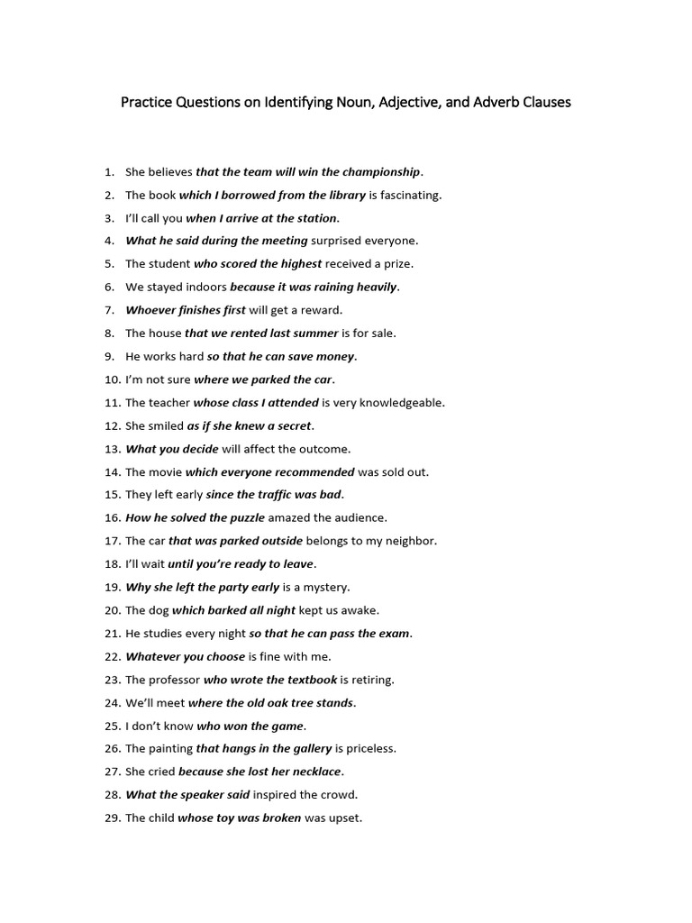 Noun, Adjective, Adverb Clause Exercises | PDF