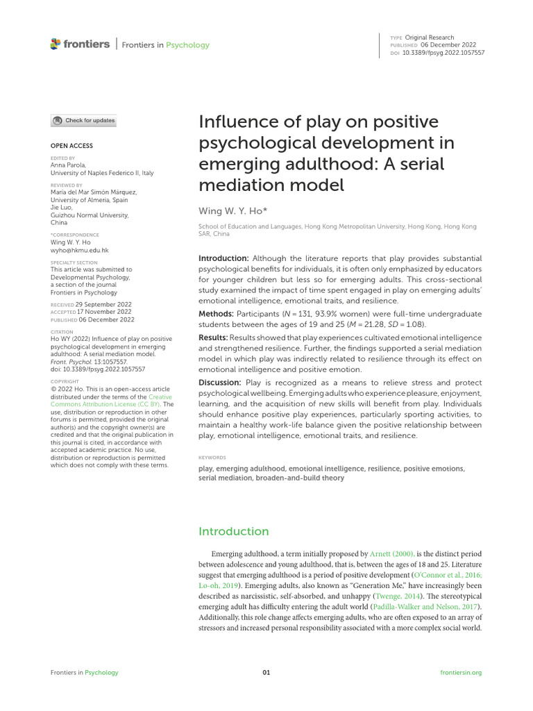 Ho, Influence of play on positive psychological development in emerging ...