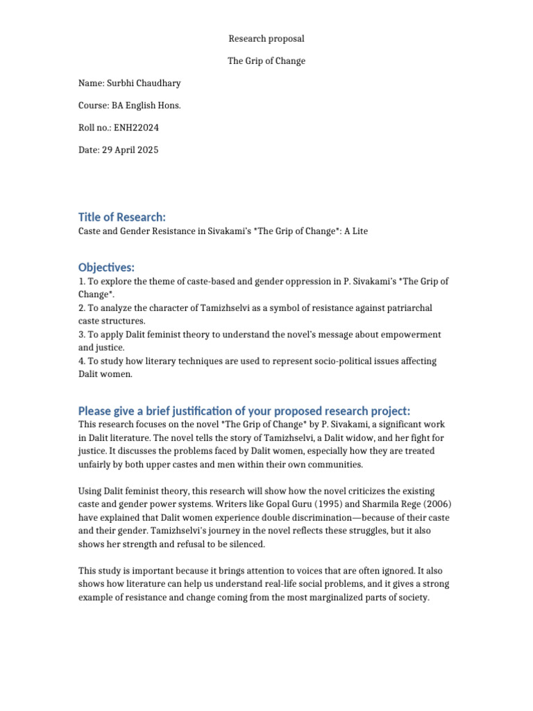 Research Proposal The Grip of Change Sivakami | PDF | Dalit | Feminist ...