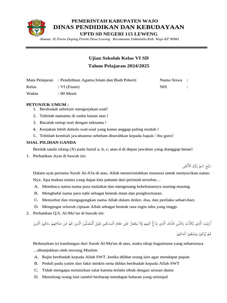 SOAL UJIAN SEKOLAH KELAS VI TAHUN 2025 | PDF