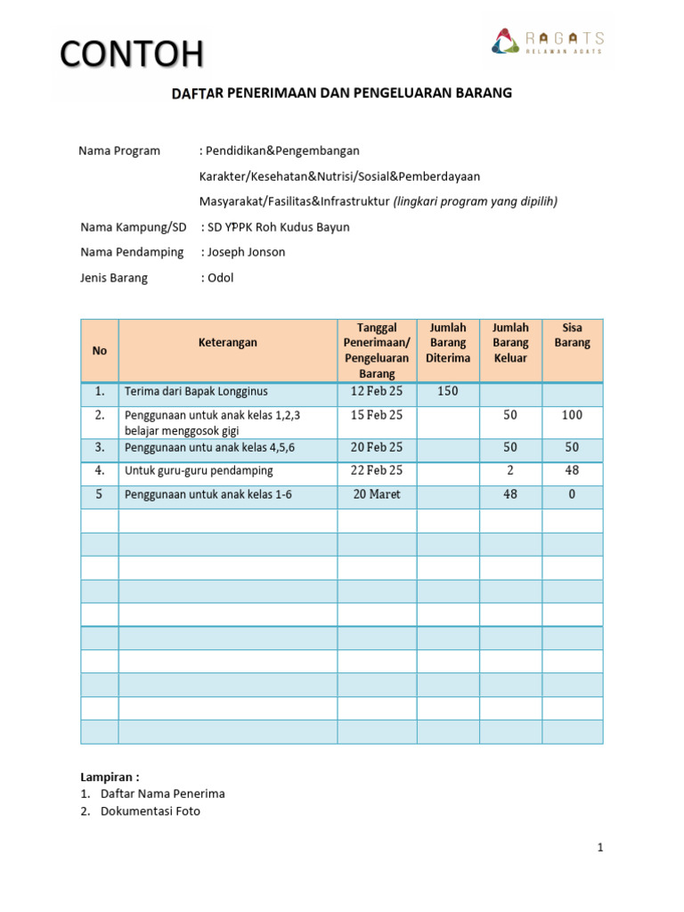 Contoh Penggunaan Daftar Penerimaan Pengeluaran Barang | PDF