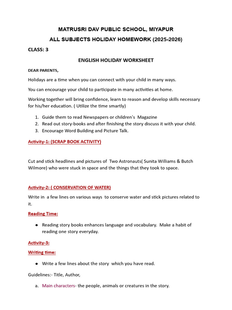 Class 3 Holiday Homework 2025-2026 | PDF | Rupee | Numbers