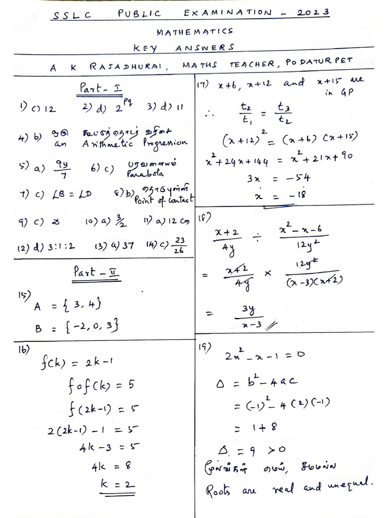 10th Maths TM Answer Key 2023 Public Exam Tamil Medium PDF Download | PDF