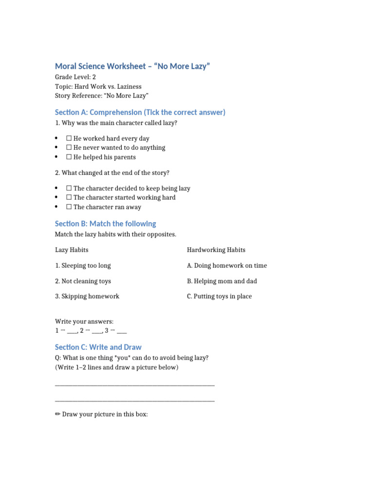 Moral Science Worksheet No More Lazy Grade2 | PDF